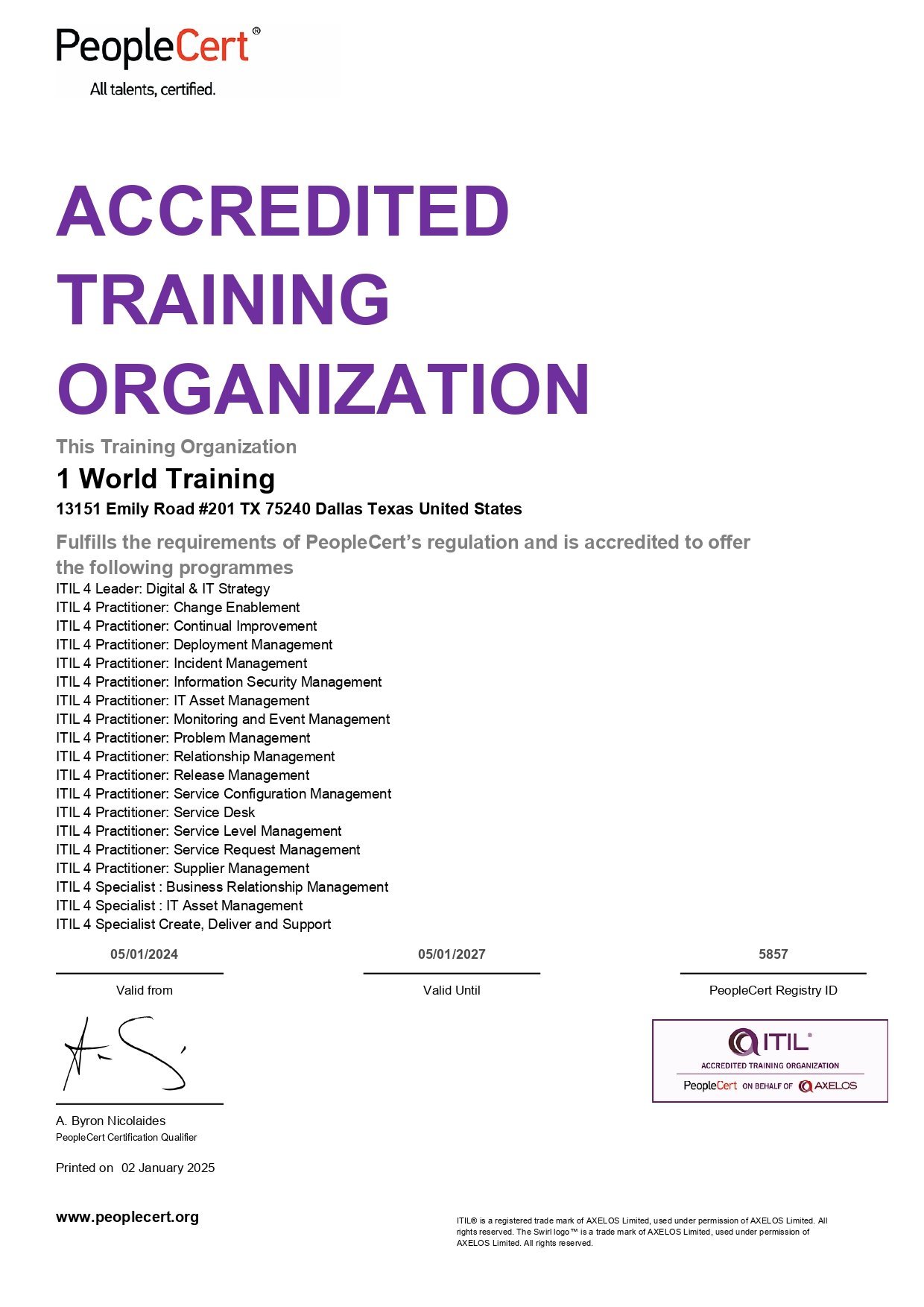 ITIL® 4 Authorized Accredited Training Organization | 1WTraining.UK